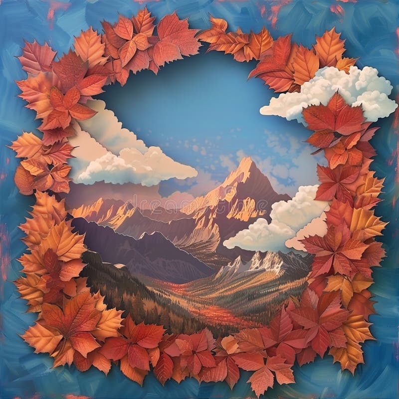 Autumn Leaf Frame Embracing a Mountain Landscape with Floating Cloud ...