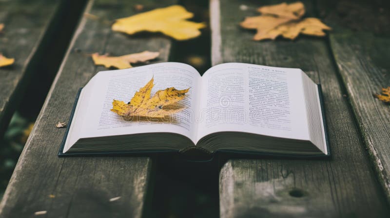 Autumn Leaf on Open Book, Park Bench, Fall Reading Stock Image - Image ...