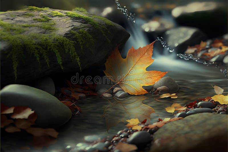 Autumn Leaf on a Rock in the Stream. 3d Render Stock Illustration ...