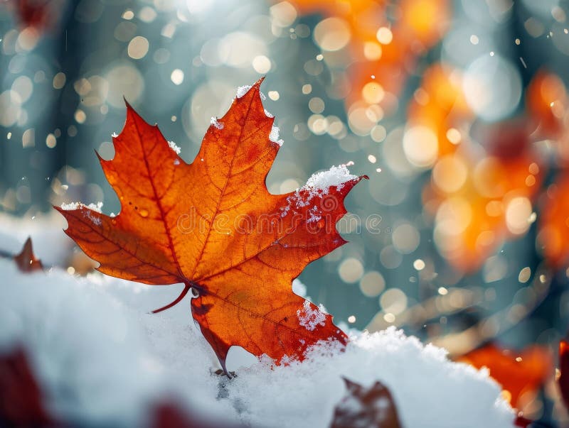 Autumn Leaf in Snow with Sunlight Bokeh Stock Illustration ...