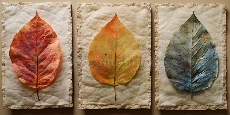 Autumn Leaf Triptych Red Orange Blue Pressed Leaves Art Stock ...