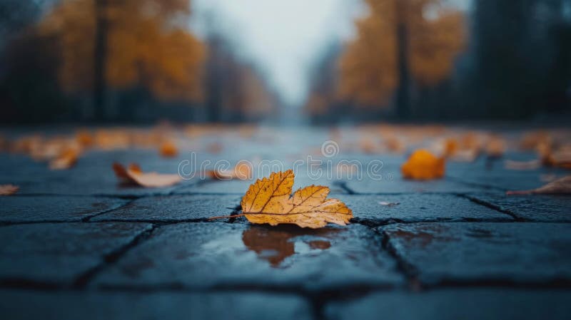 Autumn Leaf on Wet Cobblestone Path Stock Illustration - Illustration ...