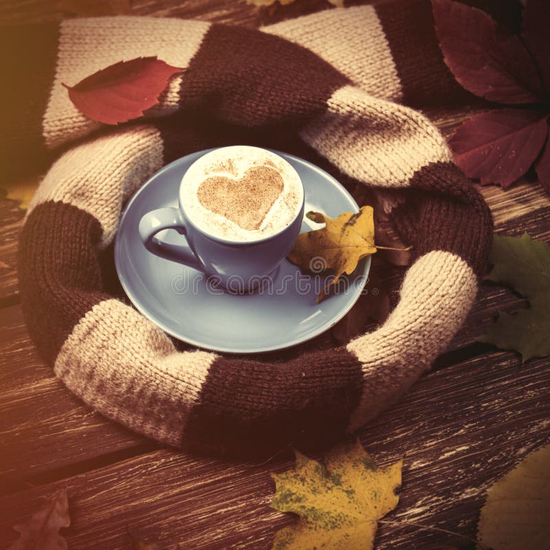 Autumn Leafs, Scarf and Coffee Cup on Table. Stock Image - Image of ...