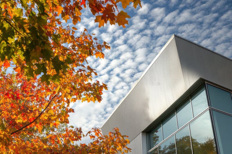 Autumn Leaves Against a Modern Architectural Building Under a Cloudy ...