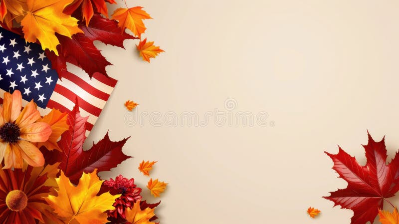 Autumn Leaves and American Flag on Warm Beige Background Stock Photo ...