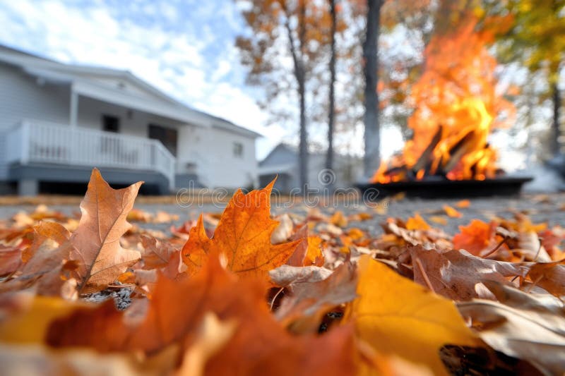 Autumn Leaves and Backyard Fire in Suburban Setting Stock Photo - Image ...