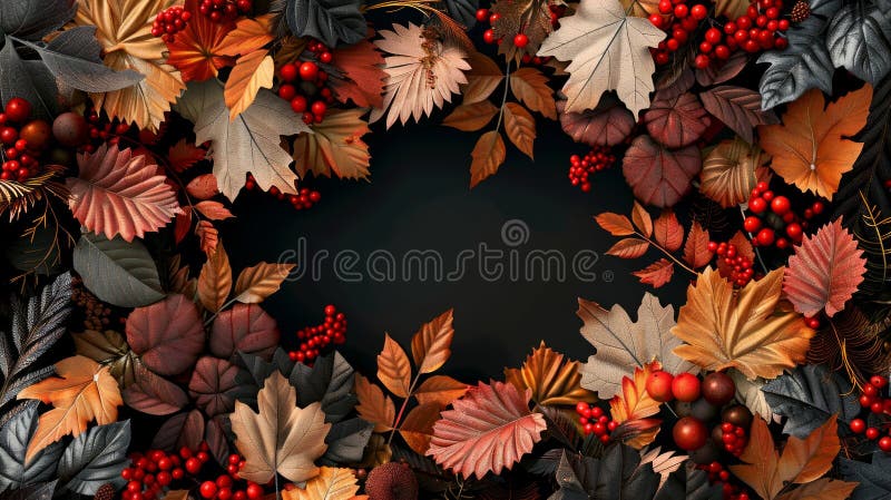 Autumn Leaves and Berries Border on Dark Background for Elegant Fall ...