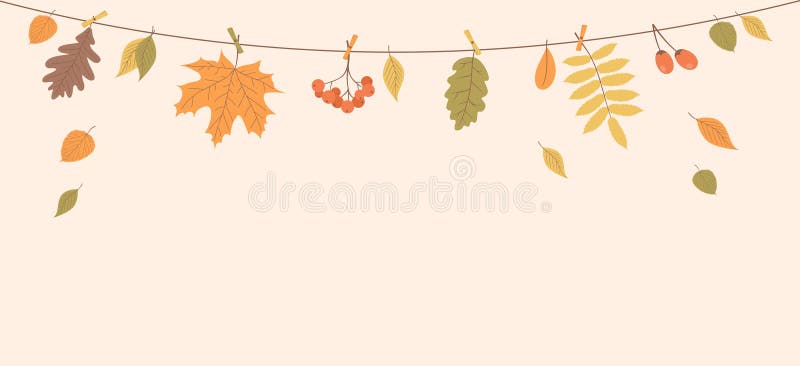 Autumn Leaves and Berries Hanging on a String, Horizontal Banner with ...