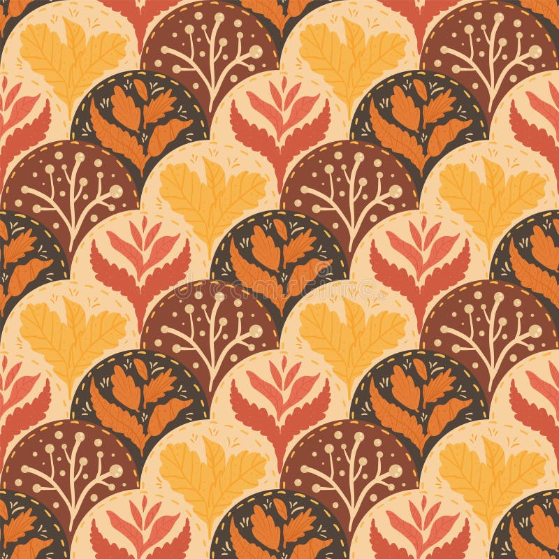 Autumn Leaves and Berries Scallop Seamless Pattern. Fall Forest Repeat ...