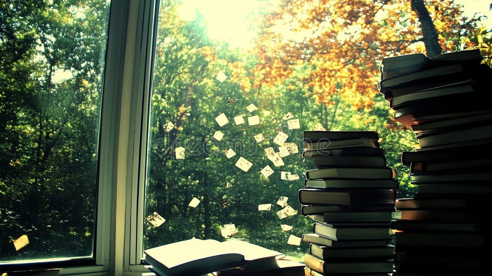 Autumn Leaves, Book Stack, Notes Fly, Window, Study Stock Photo - Image ...