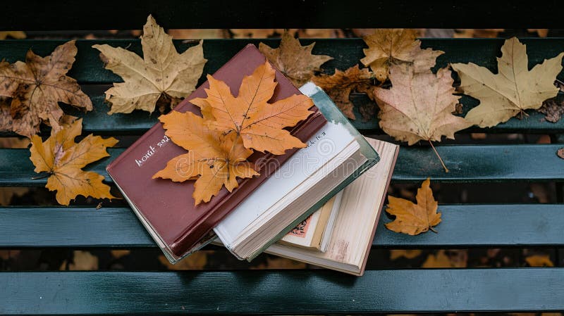 Autumn Leaves on Books, Park Bench, Fall Reading Stock Image - Image of ...