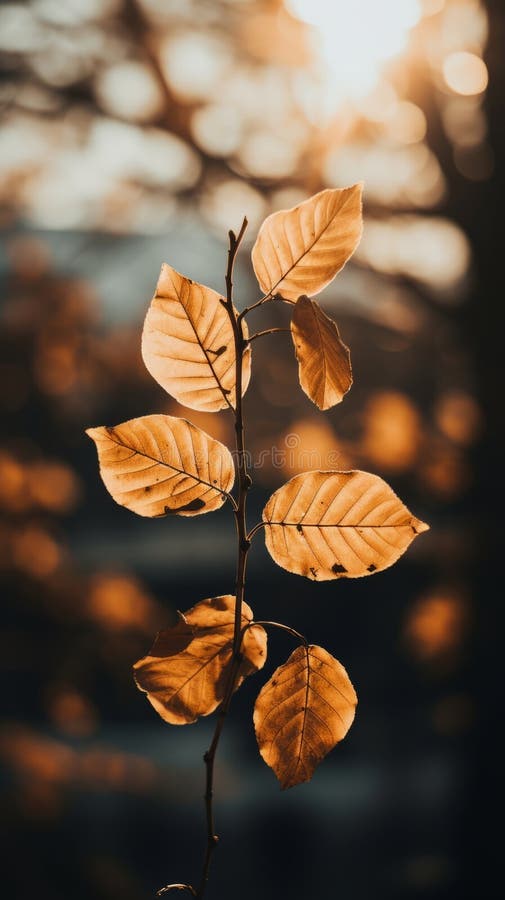 Autumn Leaves on a Branch with the Sun in the Background Stock ...