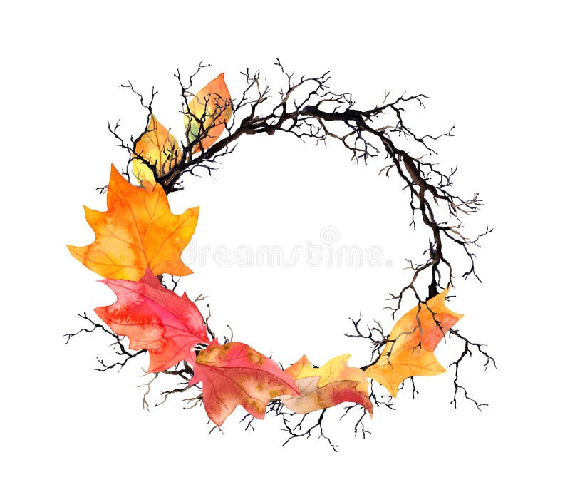 Autumn Leaves, Branches. Watercolor Autumn Border Wreath Stock ...