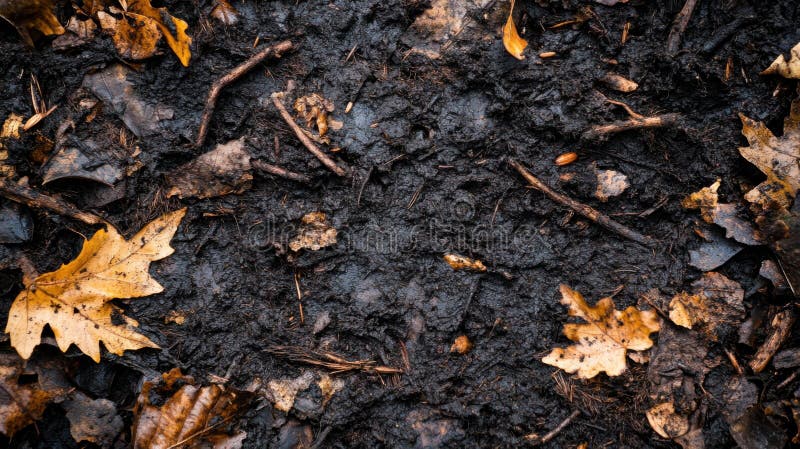 Autumn Leaves and Branches on Wet Mud Texture Background Stock ...