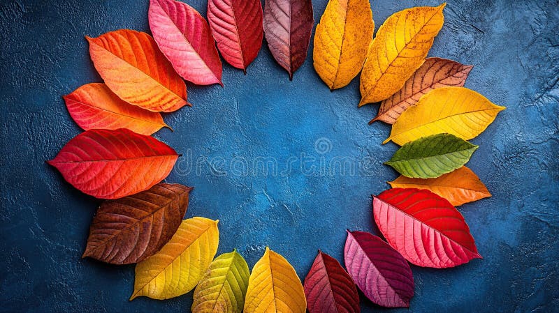 Autumn Leaves Circle, Blue Background, Fall Colors, Design Element ...