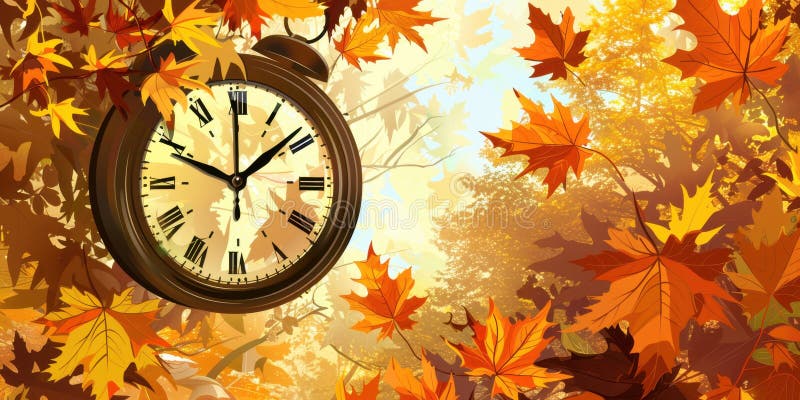 Autumn Leaves and a Clock, a Time for Change Stock Illustration ...