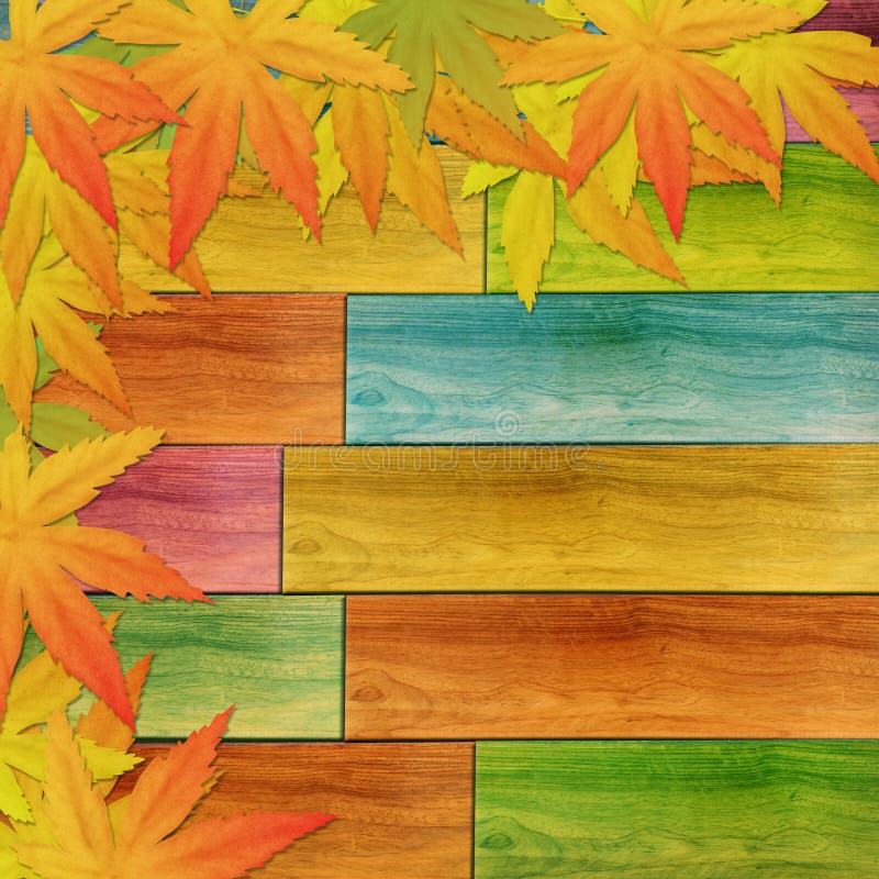 Autumn Leaves on Colorful Wood Wall Texture Stock Illustration ...