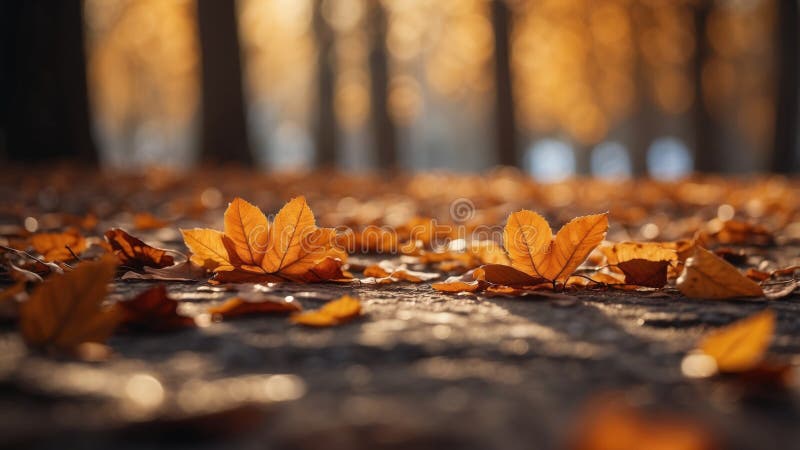 Autumn Leaves Covering the Ground Alongside Soft Orange Light. Stock ...