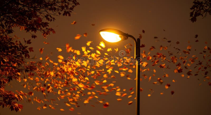 Autumn Leaves Dancing Around a Glowing Streetlight at Night Stock ...