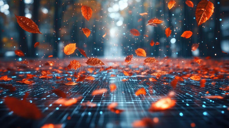 Autumn Leaves Fall on Digital Grid Pathway Stock Illustration ...