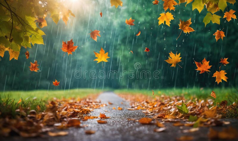 Autumn Leaves Fall on a Rainy Path in a Park Stock Image - Image of ...