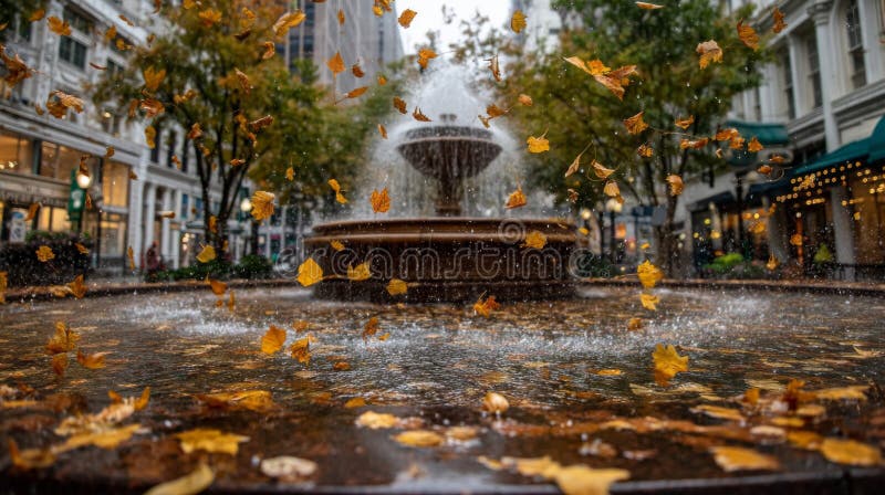 Autumn Leaves Falling on City Fountain Stock Illustration ...