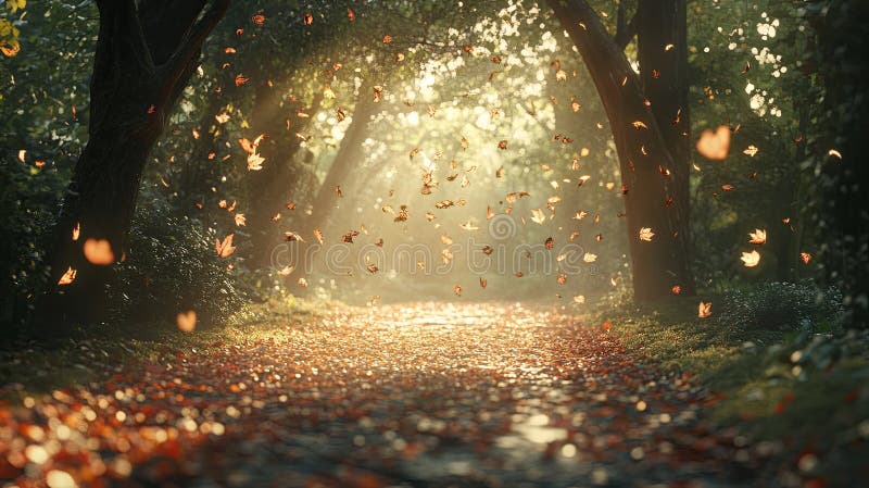 Autumn Leaves Falling in Forest Path with Soft Sunlight. Stock Image ...
