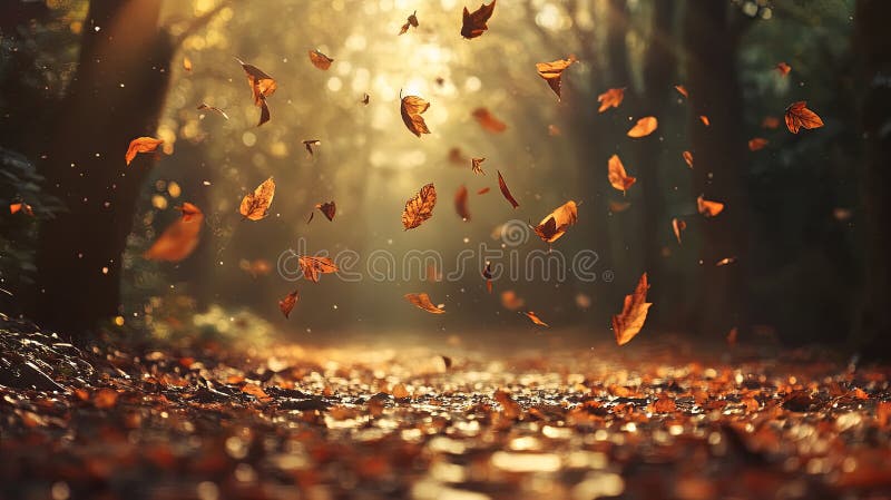 Autumn Leaves Falling in Forest Path with Soft Sunlight. Stock Image ...