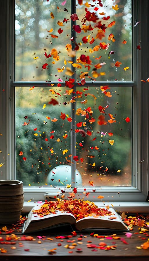 Autumn Leaves are Falling in Front of an Open Book by a Window Stock ...