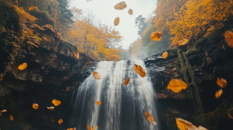 Autumn Leaves Falling in Front of a Waterfall Stock Illustration ...