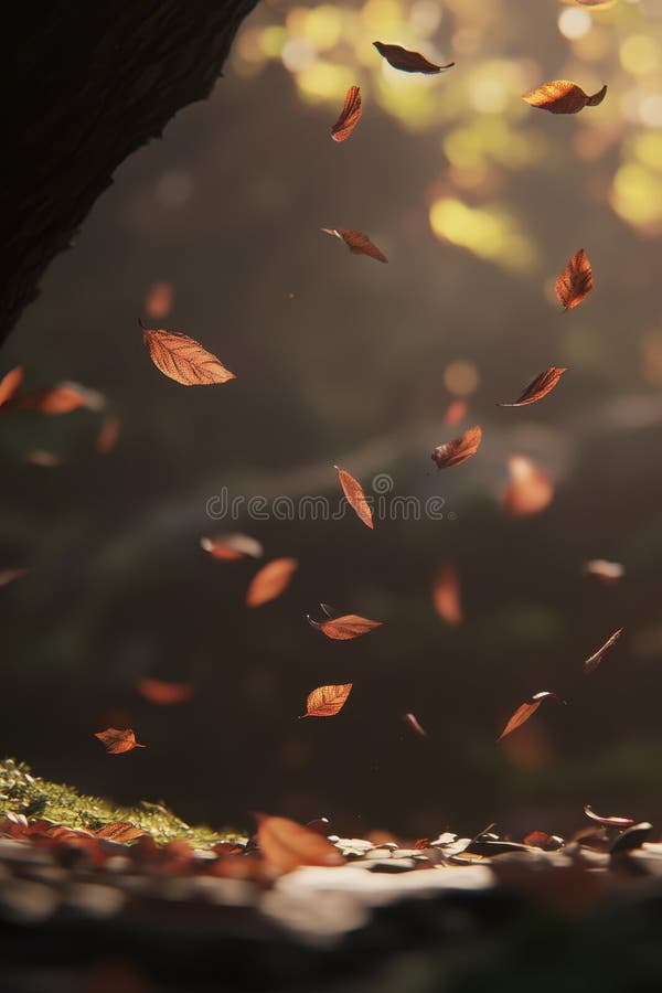 Autumn Leaves Falling Gracefully in Sunlit Forest Scene. Stock Photo ...