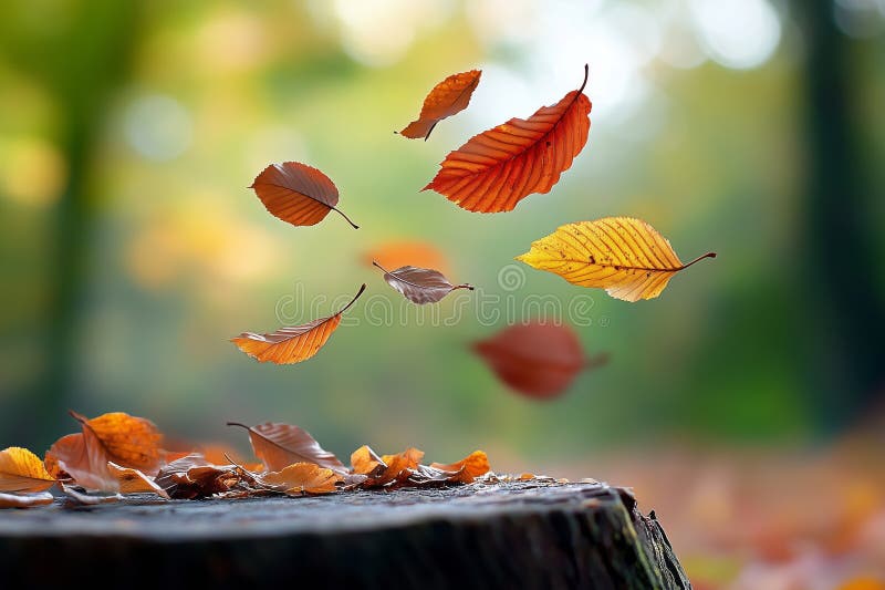 Autumn Leaves Falling in Motion Above Tree Stump in Serene Forest with ...