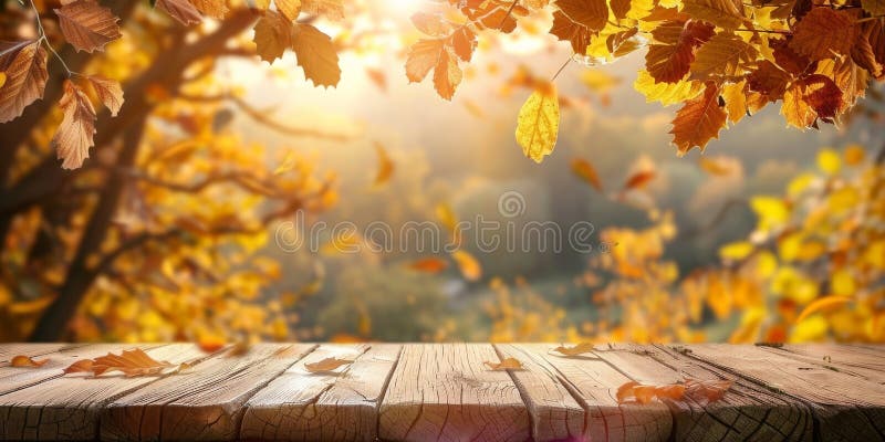 Autumn Leaves Falling Over Wooden Table in Sunlit Forest Stock ...
