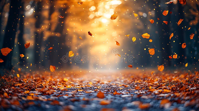Autumn Leaves Falling Path, Forest, Sunset, Background, Design Stock ...