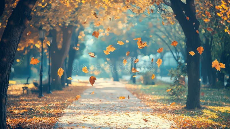 Autumn Leaves Falling on a Path in a Park Stock Image - Image of wind ...