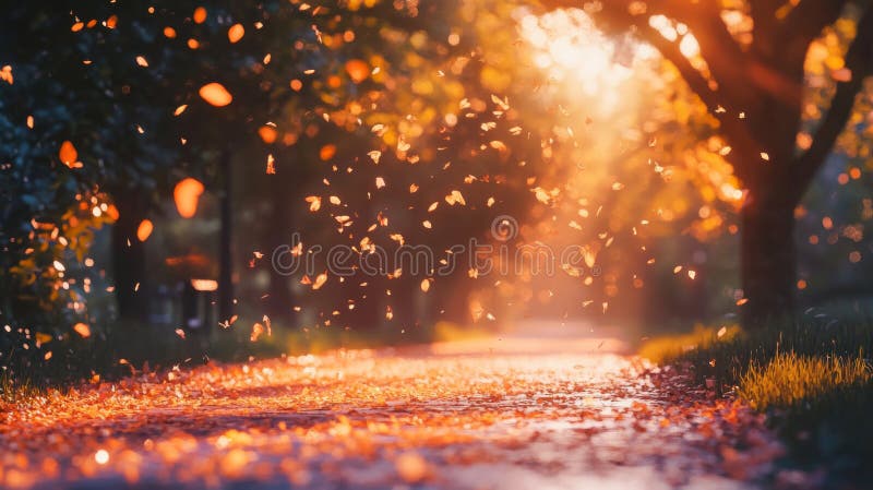 Autumn Leaves Falling on Path at Sunset Stock Illustration ...
