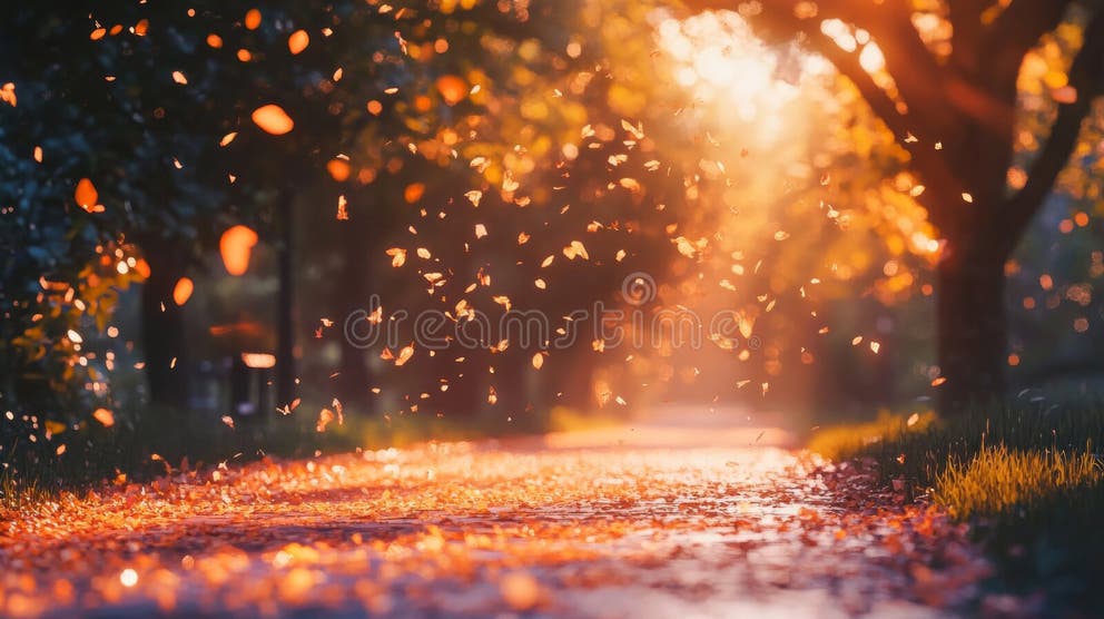 Autumn Leaves Falling on Path at Sunset Stock Illustration ...