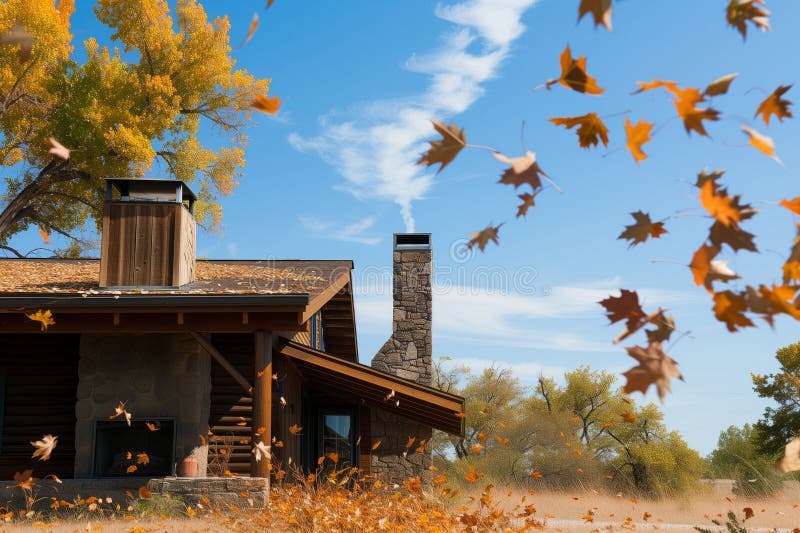 Autumn Leaves Falling on a Ranch House with a Stone Chimney Stock Photo ...