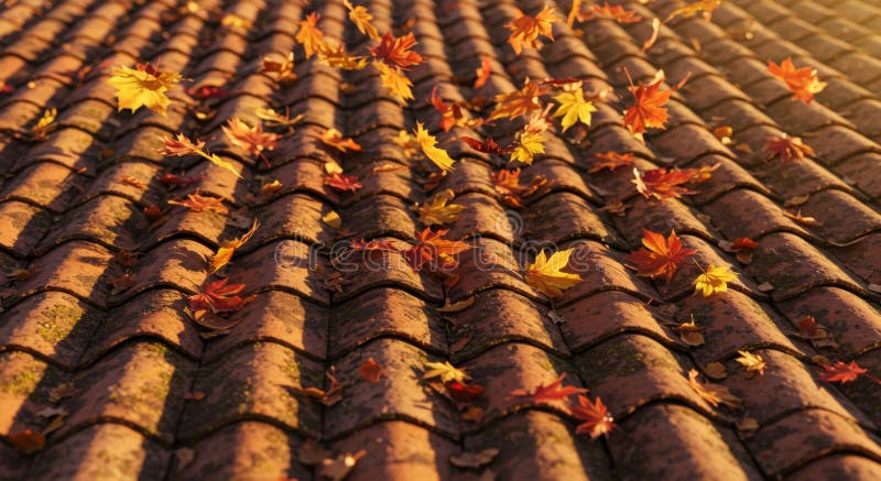 Autumn Leaves Falling on Red Tile Roof Stock Illustration ...