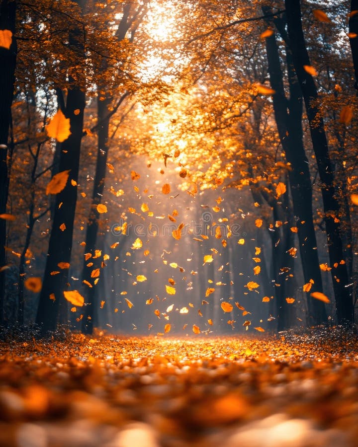 Autumn Leaves Falling in a Sunlit Forest, Creating a Peaceful Nature ...