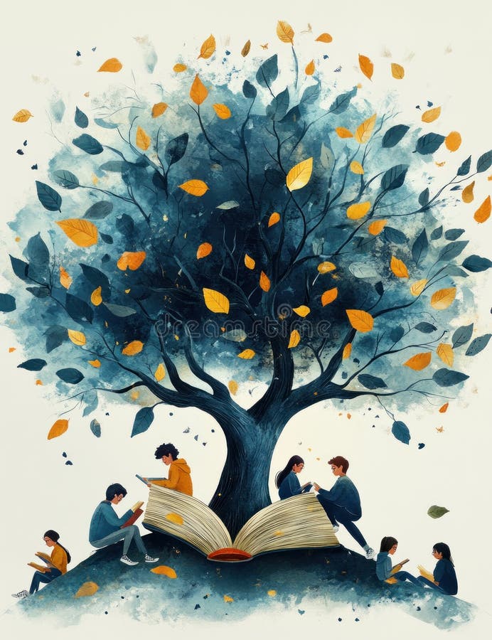 Autumn Leaves Falling on a Tree with People Reading Illustration Stock ...