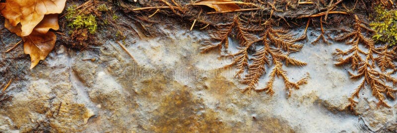 Autumn Leaves and Fern Patterns on Icy Ground in a Forest Setting Stock ...