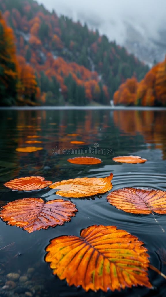 Autumn Leaves Float on the Surface of Lake Against the Backdrop of ...