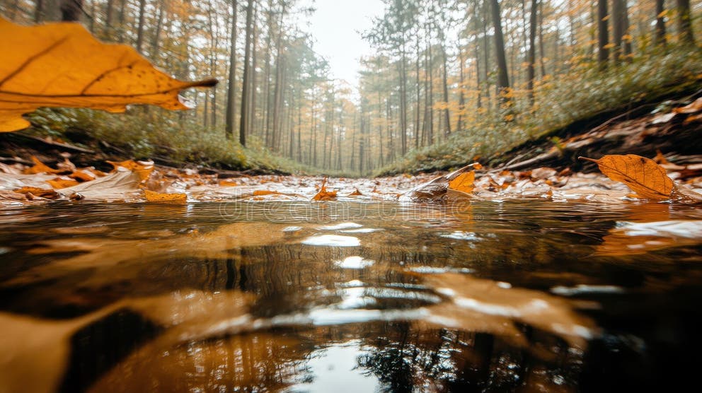 Autumn Leaves Float on Water Surface. Trees Reflected in the Clear ...