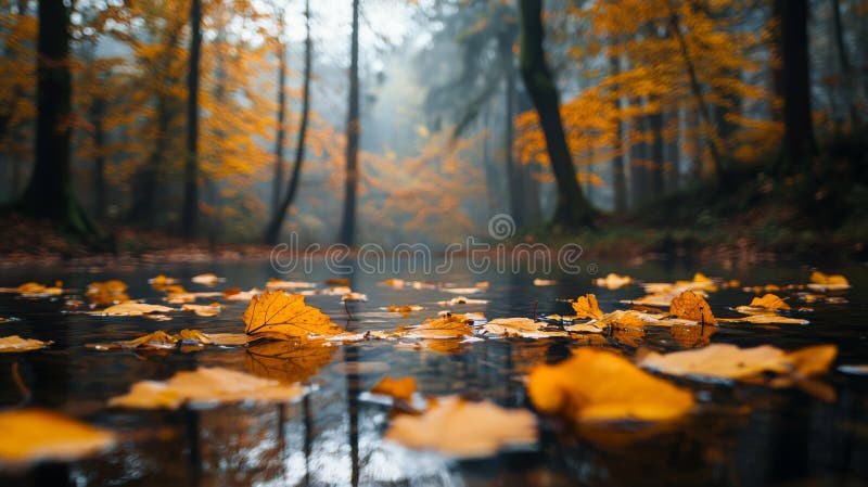 Autumn Leaves Floating on a Calm Forest Stream Stock Illustration ...