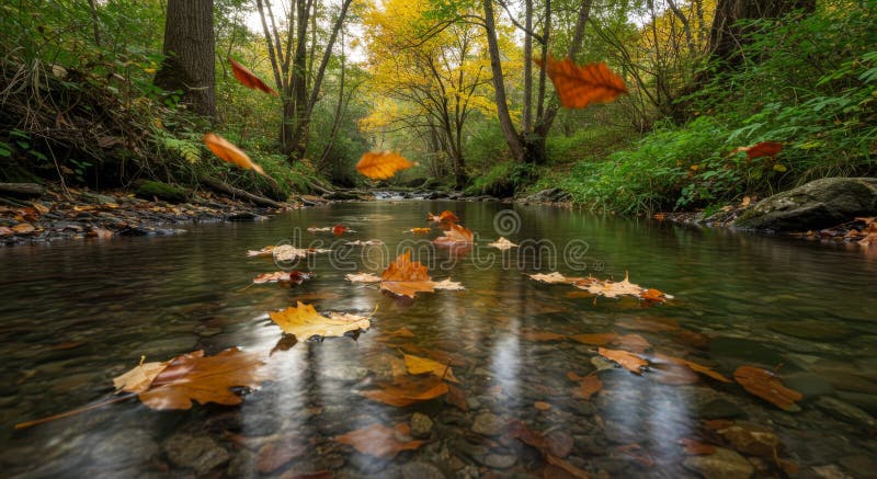 Autumn Leaves Floating on a Calm Forest Stream Stock Illustration ...