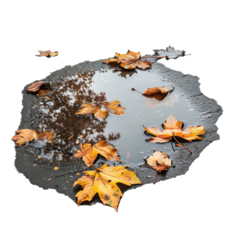 Autumn Leaves Floating in a Puddle on a Gray Pavement Stock Image ...