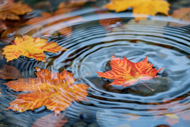 Autumn Leaves Floating on Water Surface with Rippling Effect Stock ...