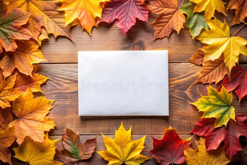 Autumn Leaves Frame with Blank White Paper on Wooden Background Stock ...