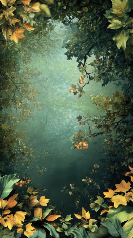 Autumn Leaves Frame Mystical Forest Scene, Tranquil Nature Backdrop ...